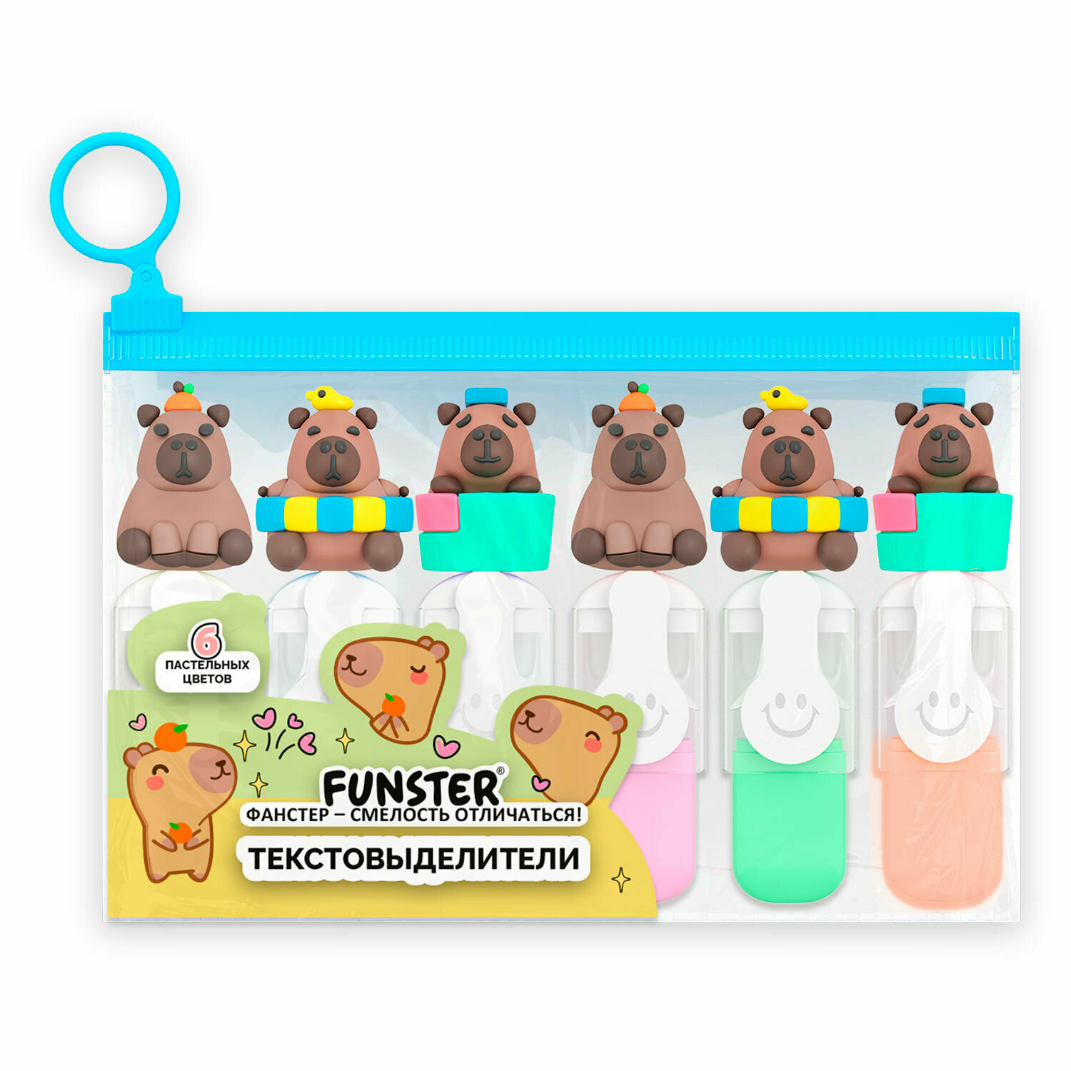 Набор текстовыделителей FUNSTER с топперами 6 цветов пастель, "Капибары", линия 1-4 мм
