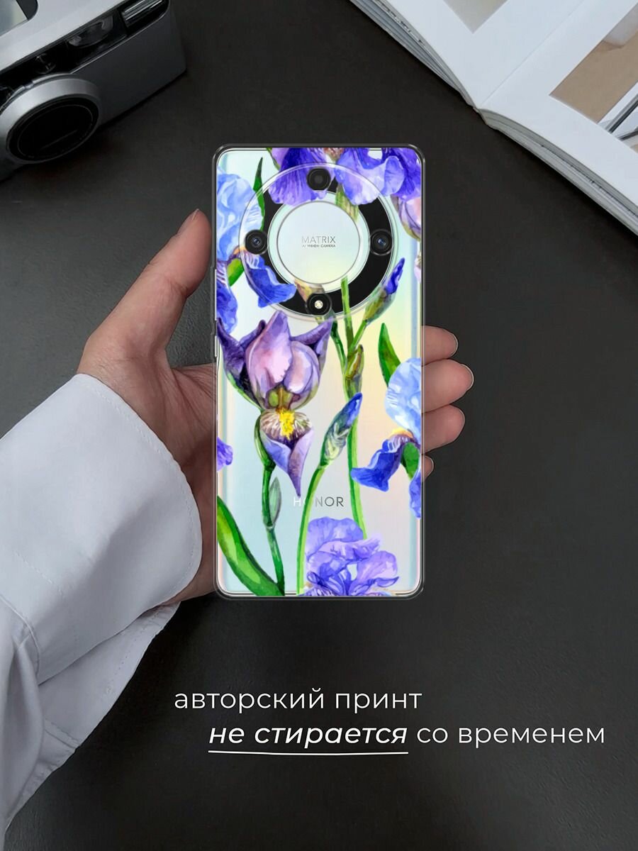Чехол на Honor X9A / Хонор X9A с принтом "Синие ирисы", прозрачный — фото 1