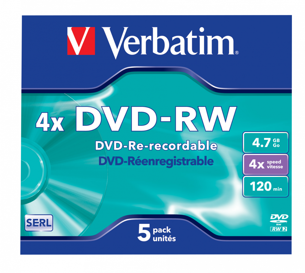 Диск DVD-RW Verbatim 4.7Gb 4x Jewel case (5шт) (43285)