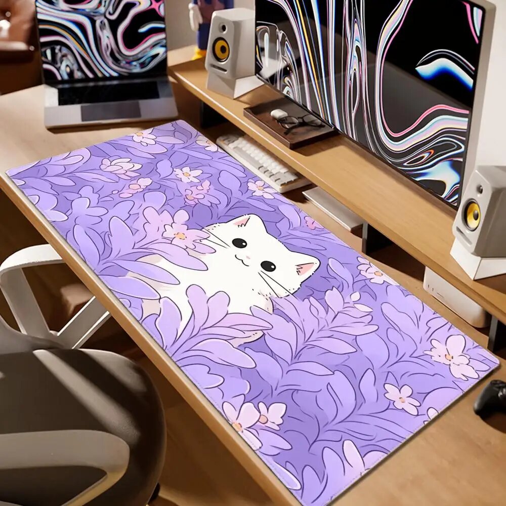 Игровой коврик для мыши 700x400mm, белый кот в цветах, BLACK-1