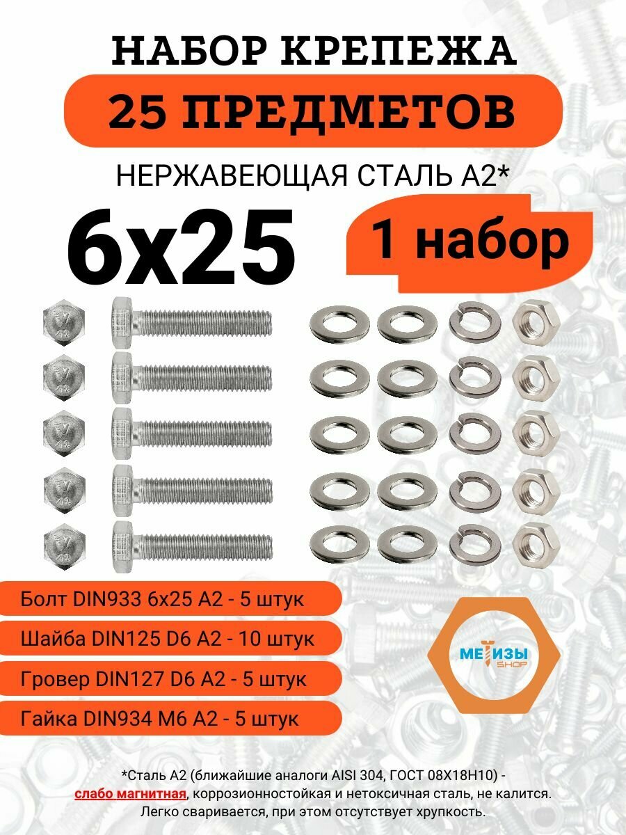 Набор крепежа из нержавеющей стали (Болт DIN933 6х25 в комплекте с гайкой DIN934, шайбой DIN125 и гровером DIN127)