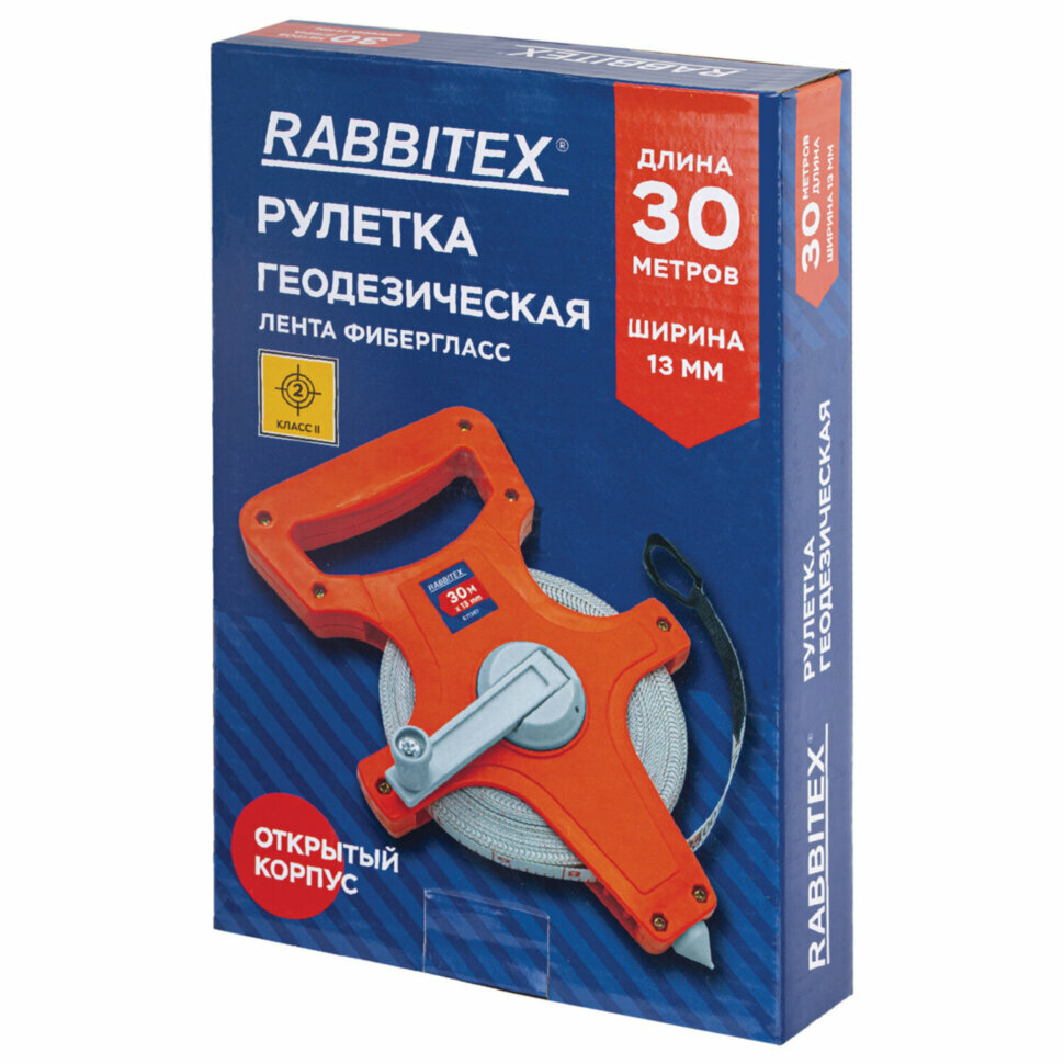Рулетка геодезическая 30 м х 13 мм, лента фибергласс, открытый корпус, RABBITEX (раббитекс), 671367, 671367