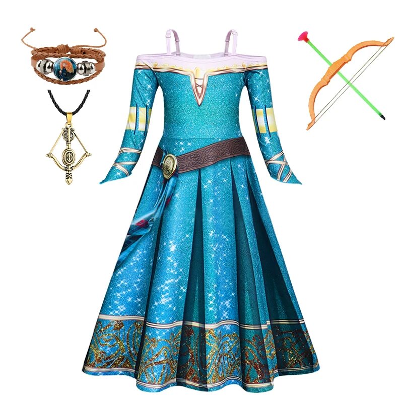 Хэллоуин Девочки Принцесса бритья детей косплей маскарадный костюм фея дети день рождения костюм Мериды платье без Плеч