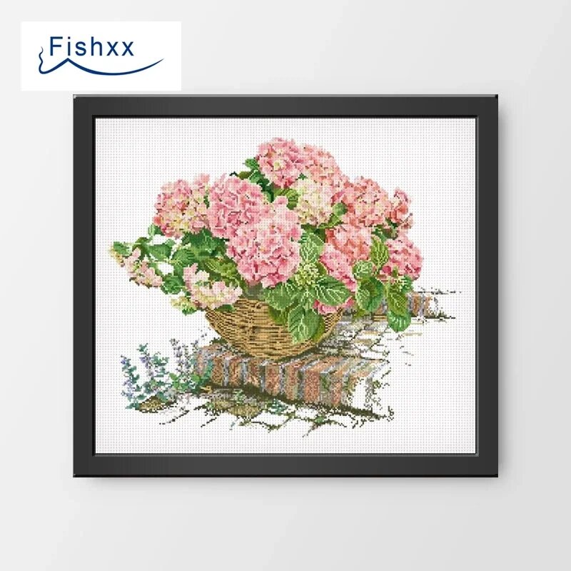 Набор для вышивки крестом Fishxx B748-749 Гортензии синего и розового бамбукового корзины, садовые растения, цветы, ручная вышивка