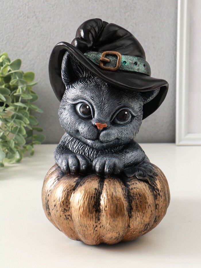 Копилка для денег «Кот с тыквой», гипс, 27×22 см, под бронзу с серебром