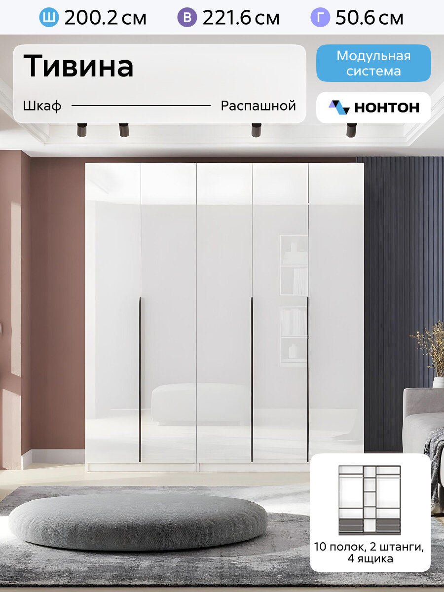 Комплект распашных шкафов для одежды Нонтон Тивина, 2 шт, 200 см, 10 полок, 2 штанги, 4 ящика, белый глянец