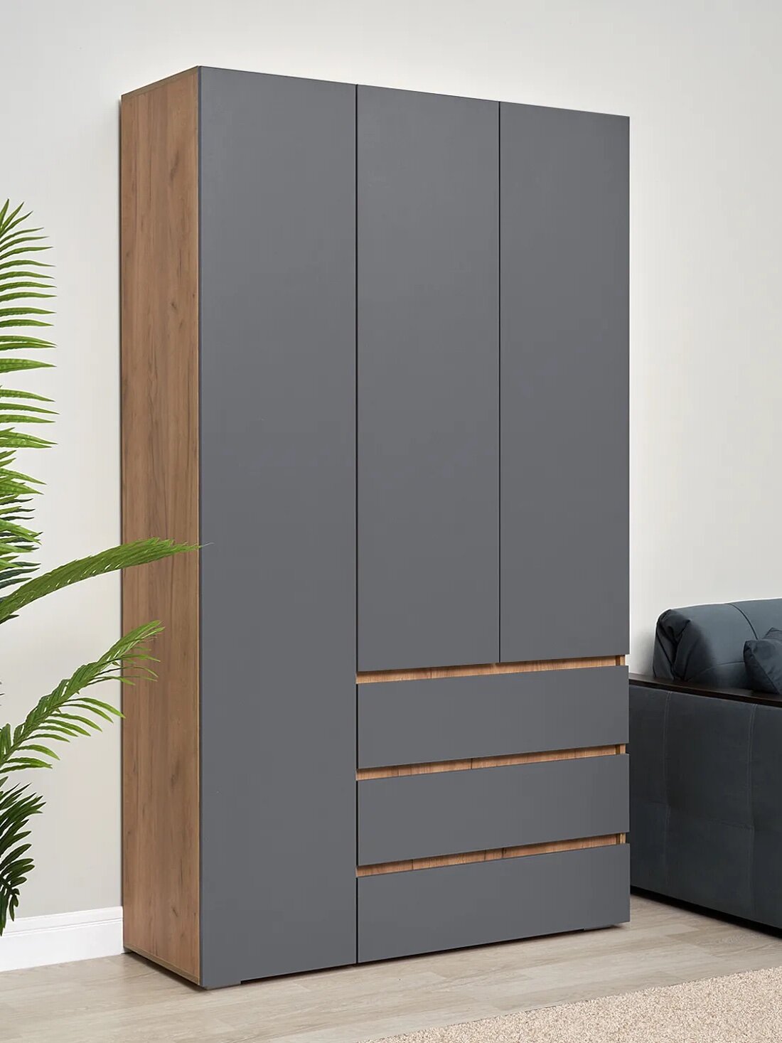 Шкаф распашной 3х створчатый с ящиками Хелен Графит Крафт золотой, 120х46х210 см