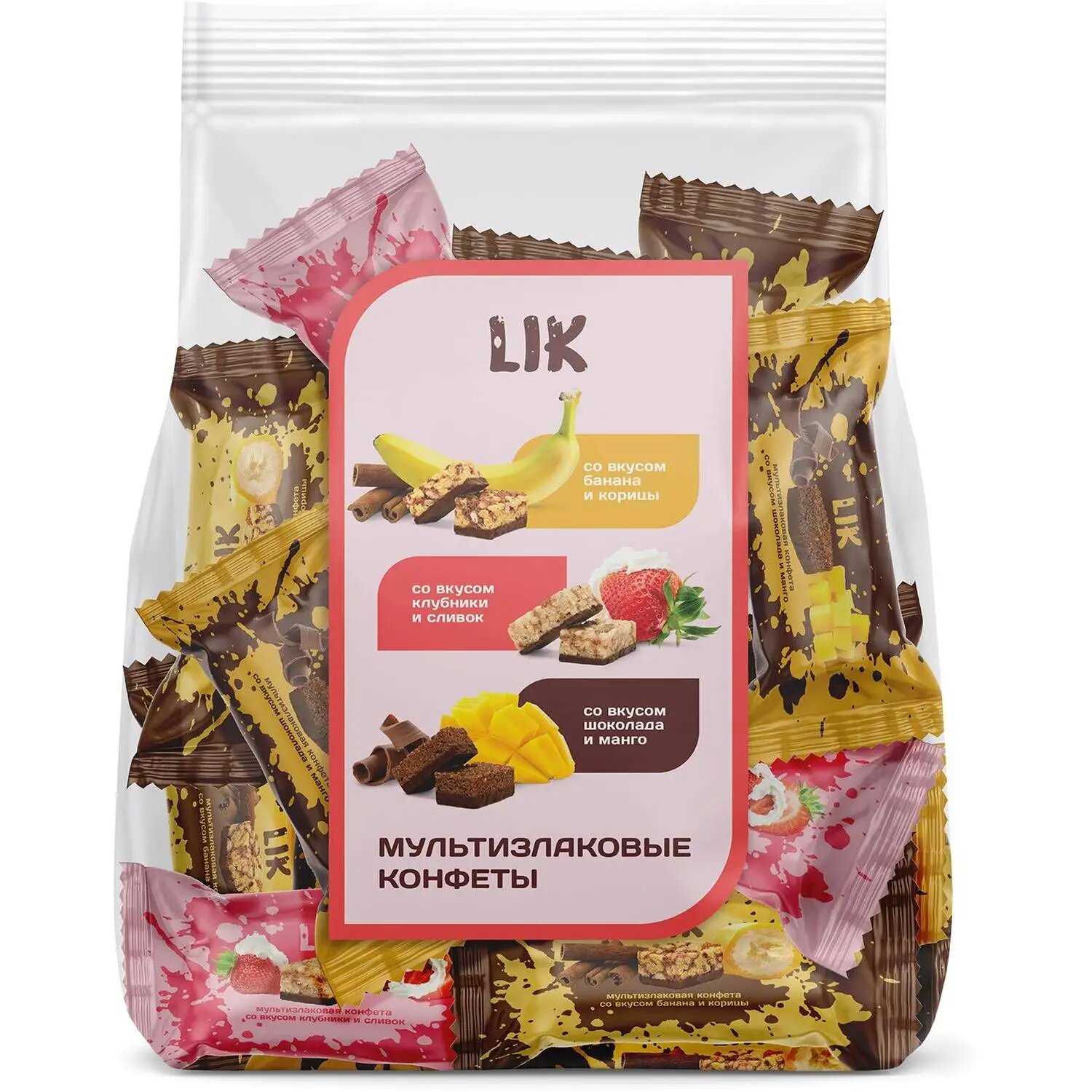 Конфеты мультизлаковые LIK ас в глазур(клуб/слив, шок/манг, бан/кориц),250г