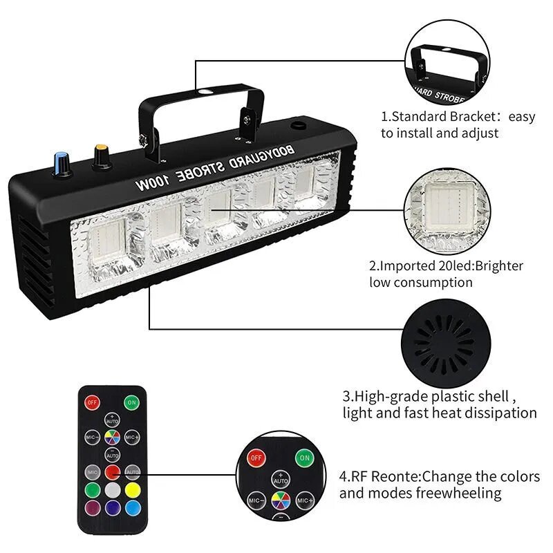 Стробоскоп для дискотеки Bodyguard Strobe 100W светодиодный с пультом управления для ночного клуба — фото 1