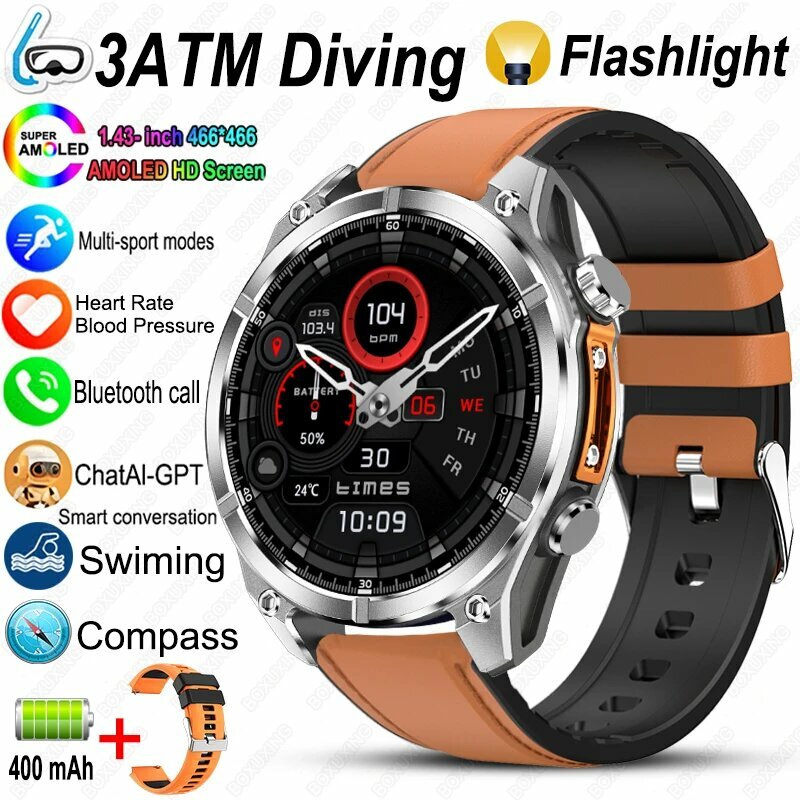 30 Meters Waterproof Smartwatch Brown leather