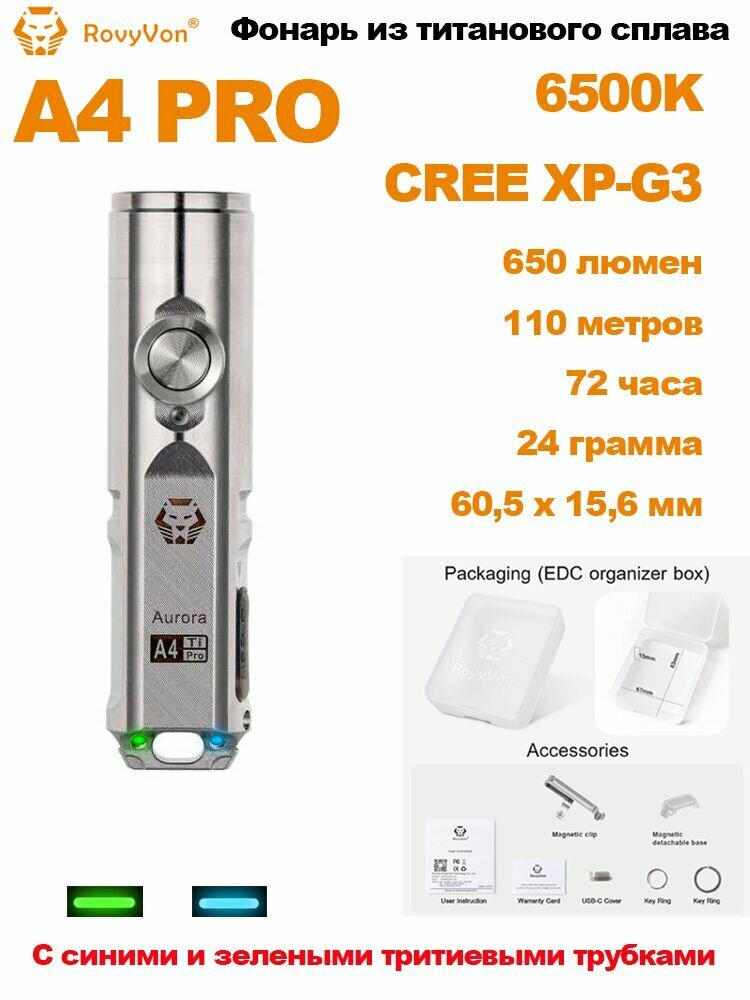 RovyVon A4 PRO, Фонарь из титанового сплава, 650 люмен