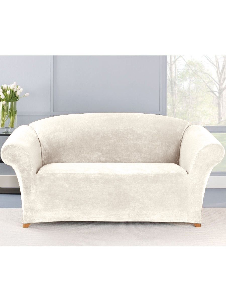 Чехол на двухместный диван Бруклин молочно-бежевый, стрейчевый велюр, Виктория Хоум Декор