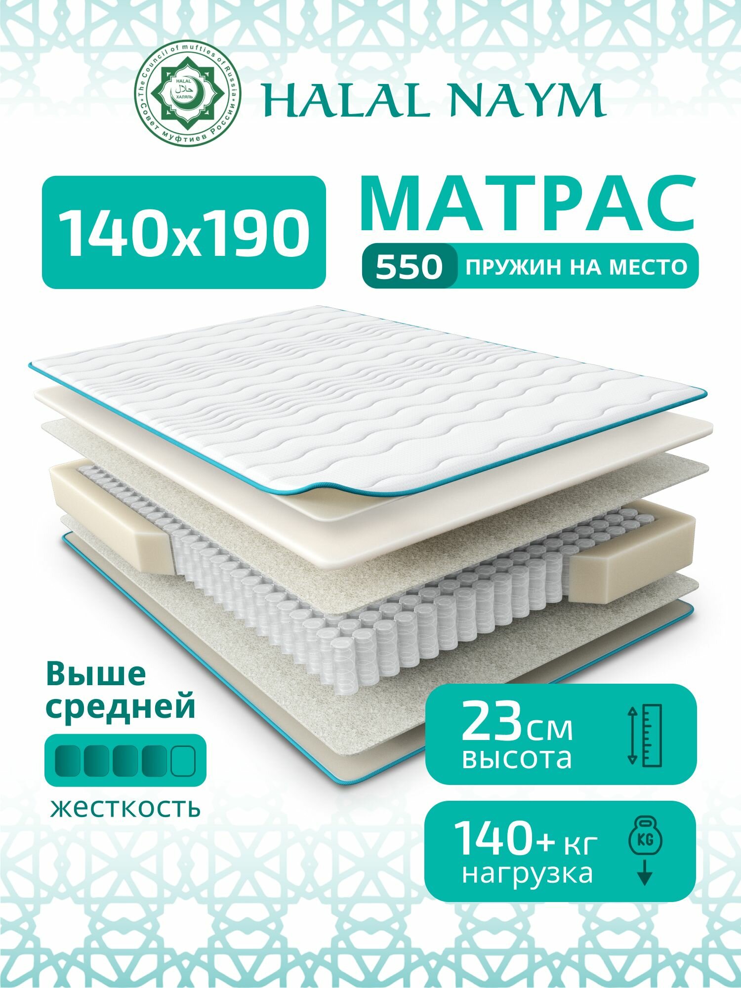 Матрас ортопедический пружинный 140х190 см Halal Naym, независимые пружины, высота 23 см, 1 шт, белый