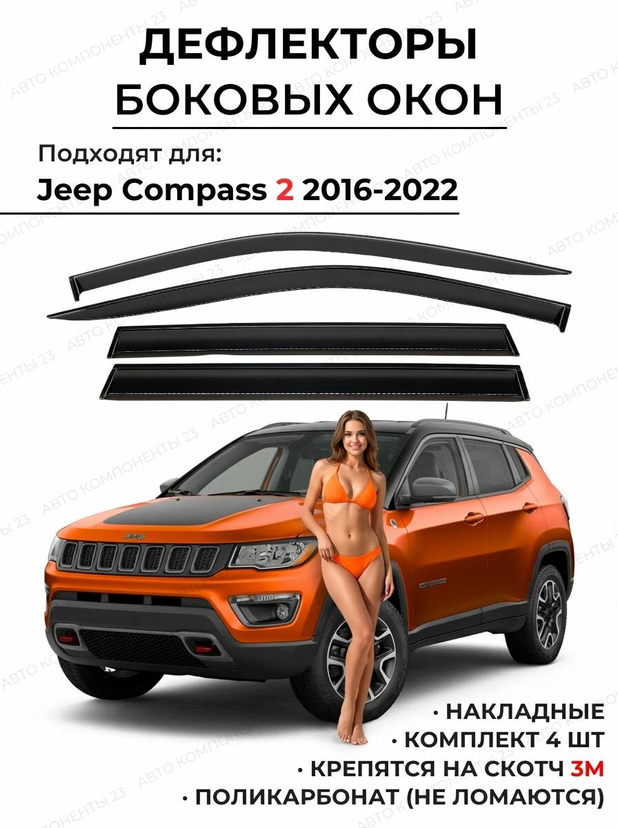 Дефлекторы окон Джип Компас 2 2016-2022 / Ветровики Jeep Compass