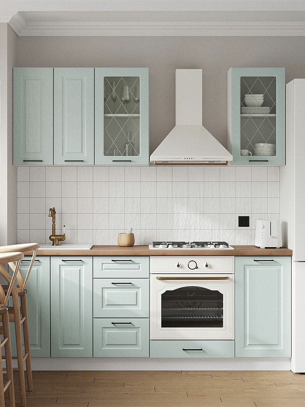 Кухонный гарнитур Шервуд 2 м, мебель для дома и кухни, Белый / Деним голубой со стеклом