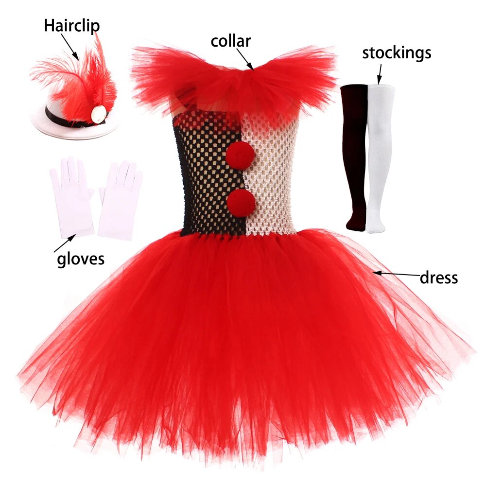 Костюмы клоуна для девочек Keenommy, полиэстер M(4-5T), Красный, red 5pcs set