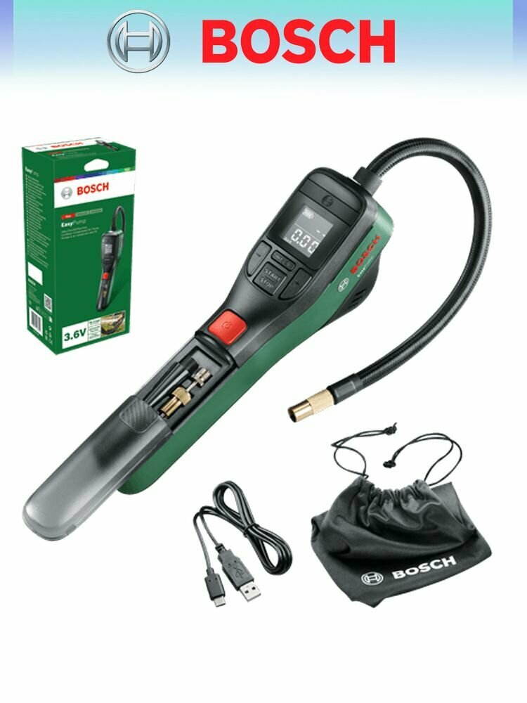 Беспроводной насос BOSCH Easy Pump, портативный компрессор для шин и мячей, автономный насос со встроенным аккумулятором, измерение давления и автостоп, USB-C зарядка