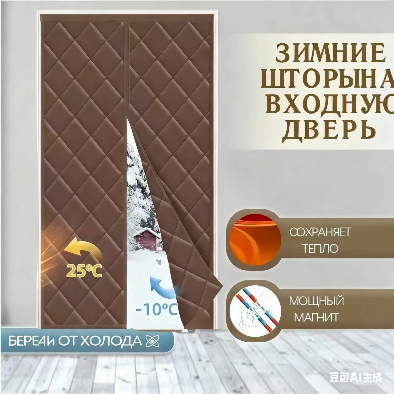 Занавеска на дверь зимняя на магнитах, теплая штора на дверь, коричневый, 190х80см