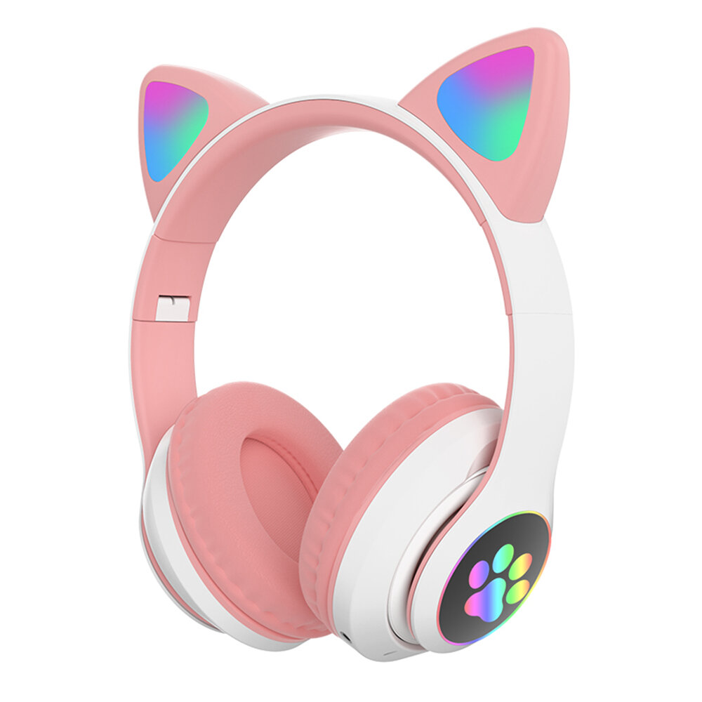 Foldable Cat Ear BT 5.0 Headset RGB Lighting Effect 40mm Driver Unit AUX Wired Connection TF Card Playing FM Mode Pink