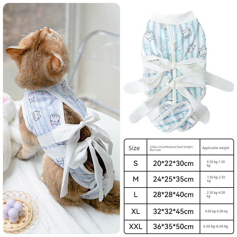 Голубой полный принт кошачья послеоперационная рубашка с липучкой и регулируемым ремнем - малый размер для кошек