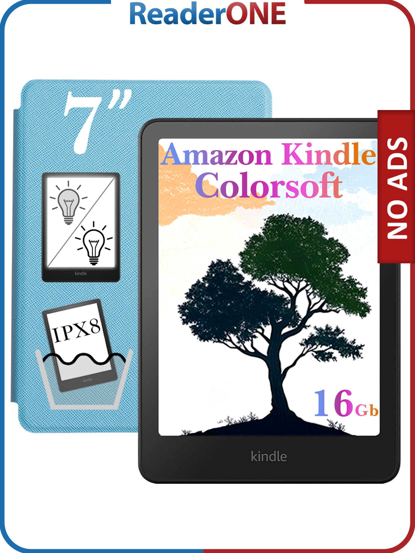 Электронная книга Amazon Kindle Colorsoft, 16Gb, 7 дюймов, E Ink Kaleido 3, черный с обложкой ReaderONE Light Blue