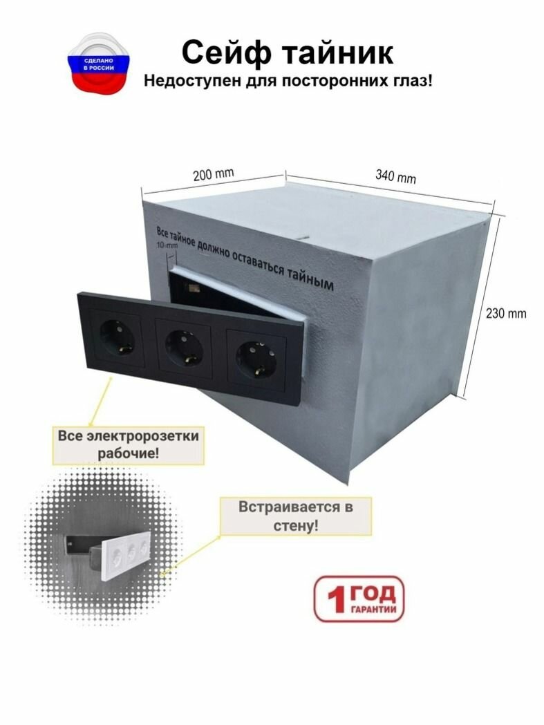 Скрытый сейф-тайник для денег и документов с блоком рабочих розеток Schneider Electric AtlasDesign. Встраиваемый в стену на глубину 20 см.