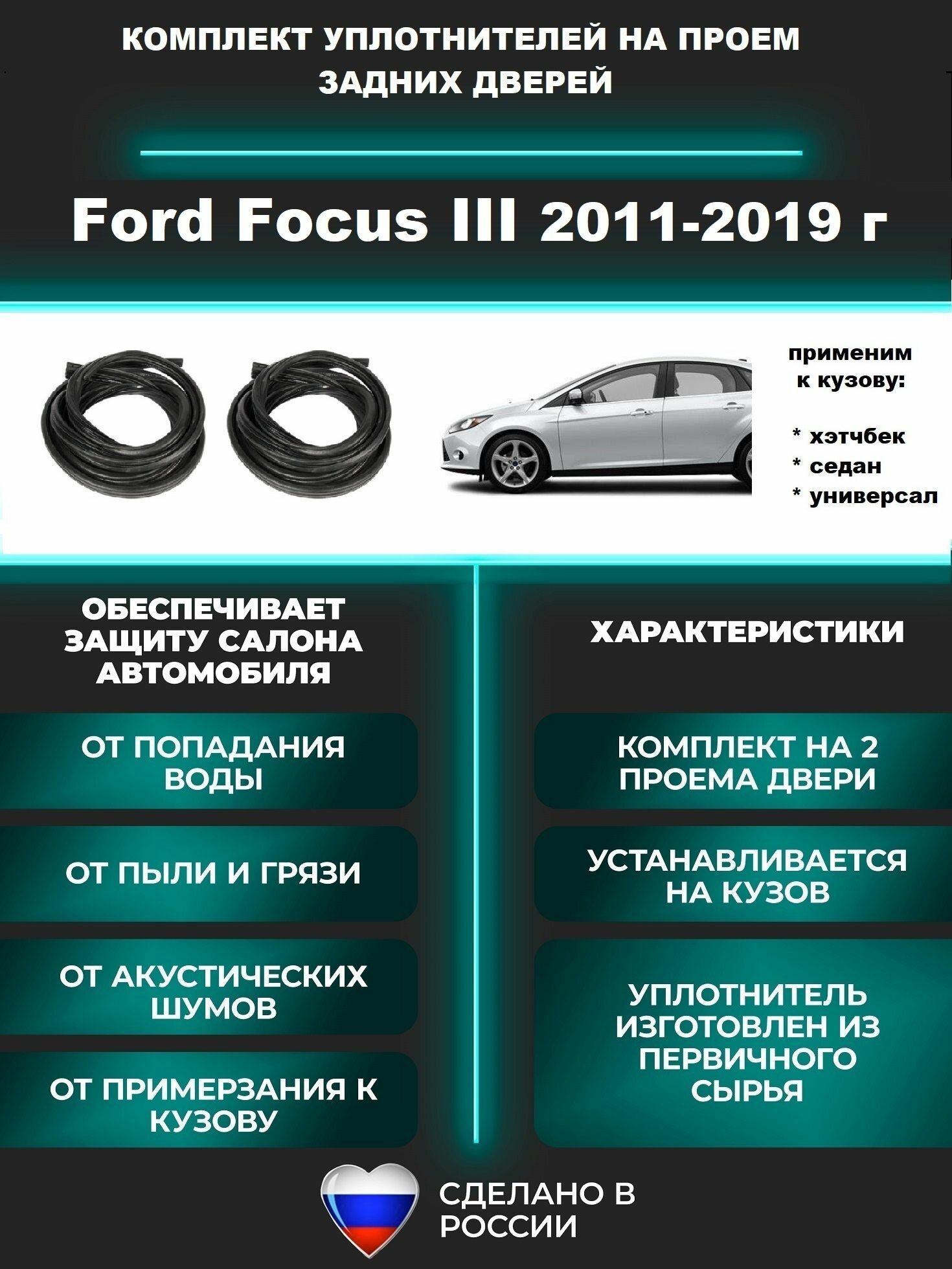 Комплект уплотнителей проема задних дверей Ford Focus III 2011-2019 г / на заднюю правую и левую пассажирскую дверь Форд Фокус 3- 2 штуки