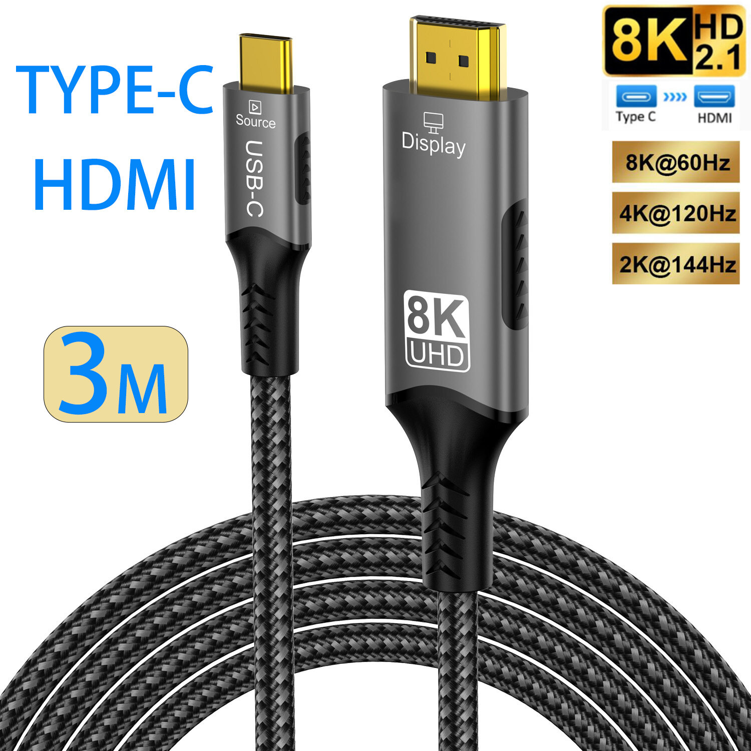 Кабель Type-C to HDMI 2.1, 8K\@60Hz, серый, Ultra HD адаптер для ноутбука, смартфона и телевизора