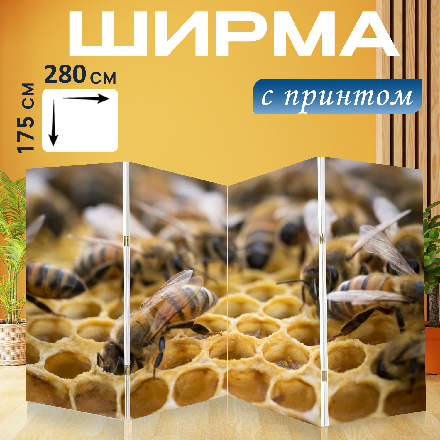 Ширма "Внутри улья пчелы Крупным планом вид деятельности медоносных делает мед мед пчелы соты улей мед макро." перегородка для зонирования комнаты с принтом 280x175 см. на холсте