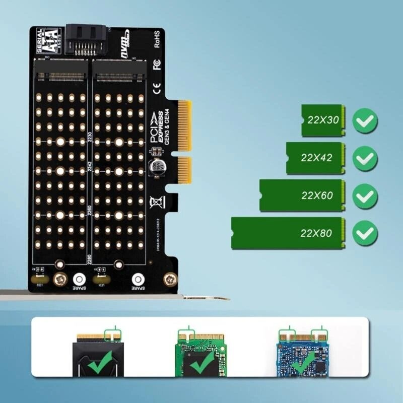Адаптер SSD с двумя отсеками PCIE — M.2 NVME Карта расширения NVME — SSD PCI-E, поддержка SSD PCIEX4 X8 X16 m2 2242/2230/22602280