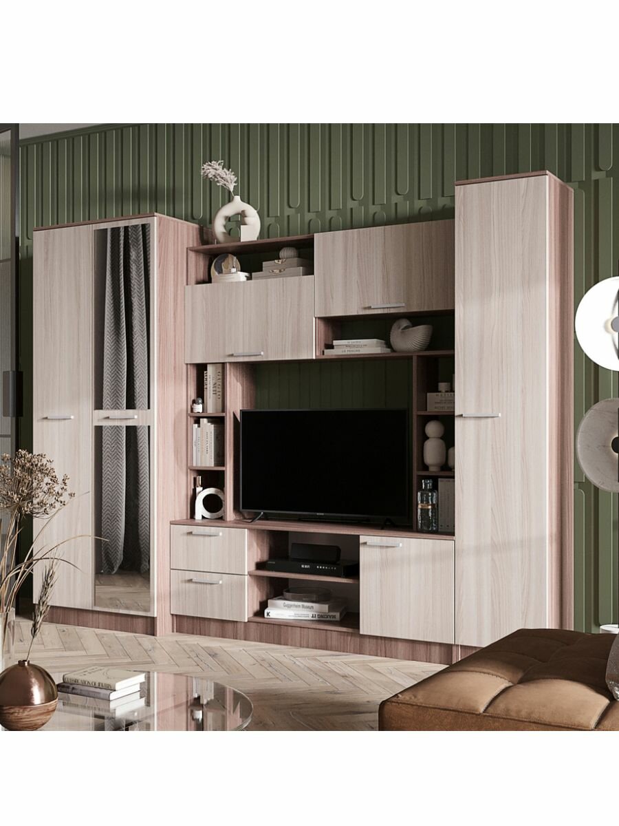 Гостиная Флора ЛДСП 2700х2100х560, Ясень шимо темный/Ясень шимо светлый, с зеркалом, МИФ