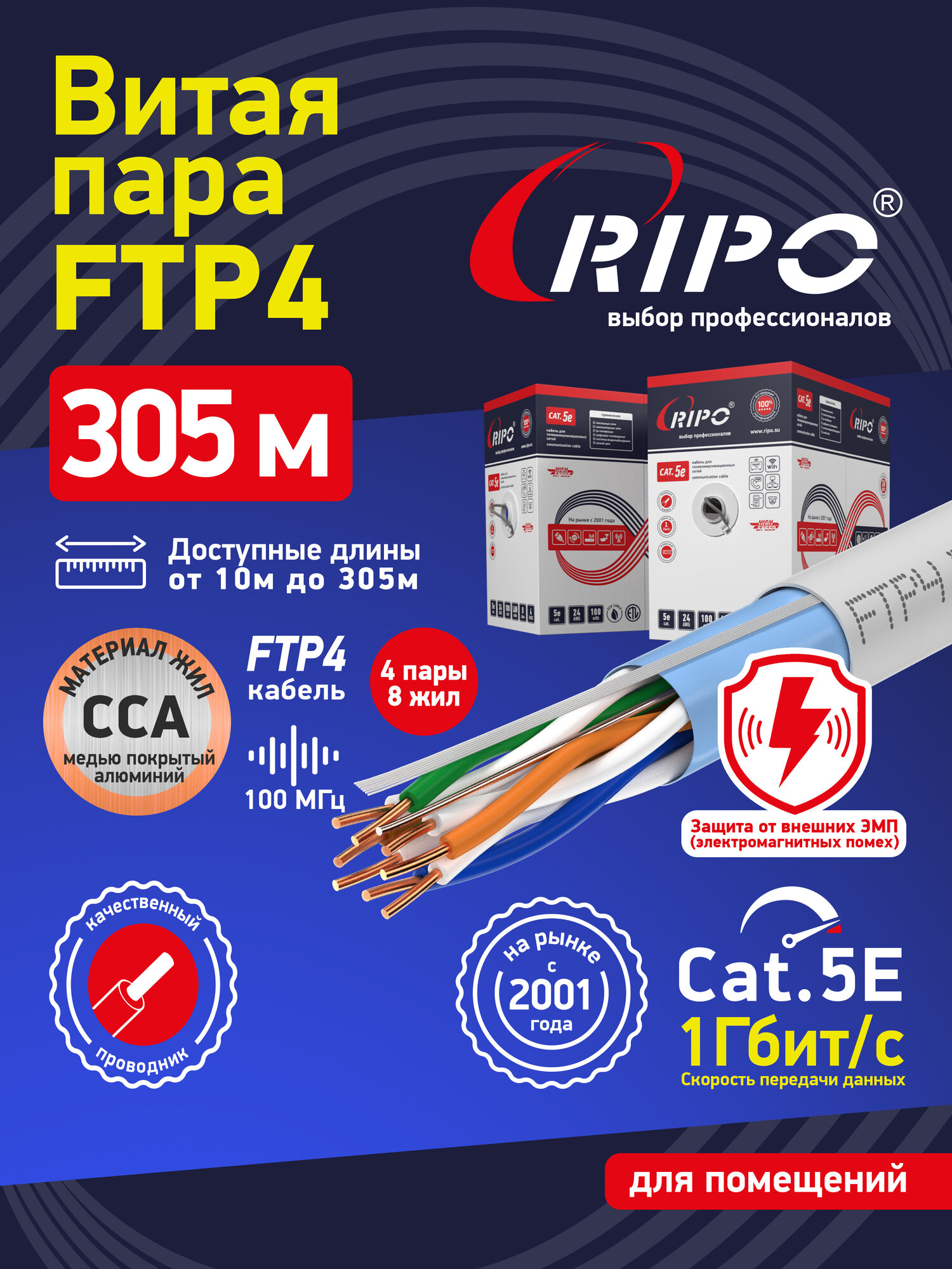 Интернет кабель витая пара LAN FTP4 CAT5E 24AWG, омедненный алюминий, 305 м