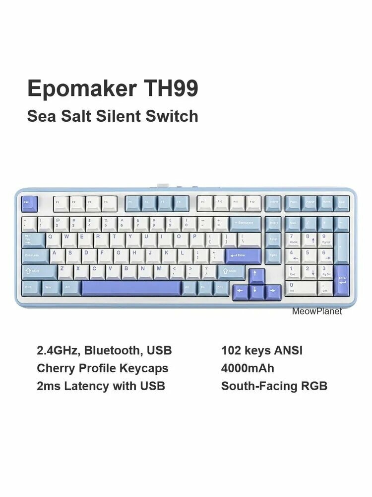 EPOMAKER Игровая клавиатура беспроводная TH99, Sea Salt Silent Switch, Английская раскладка, белый