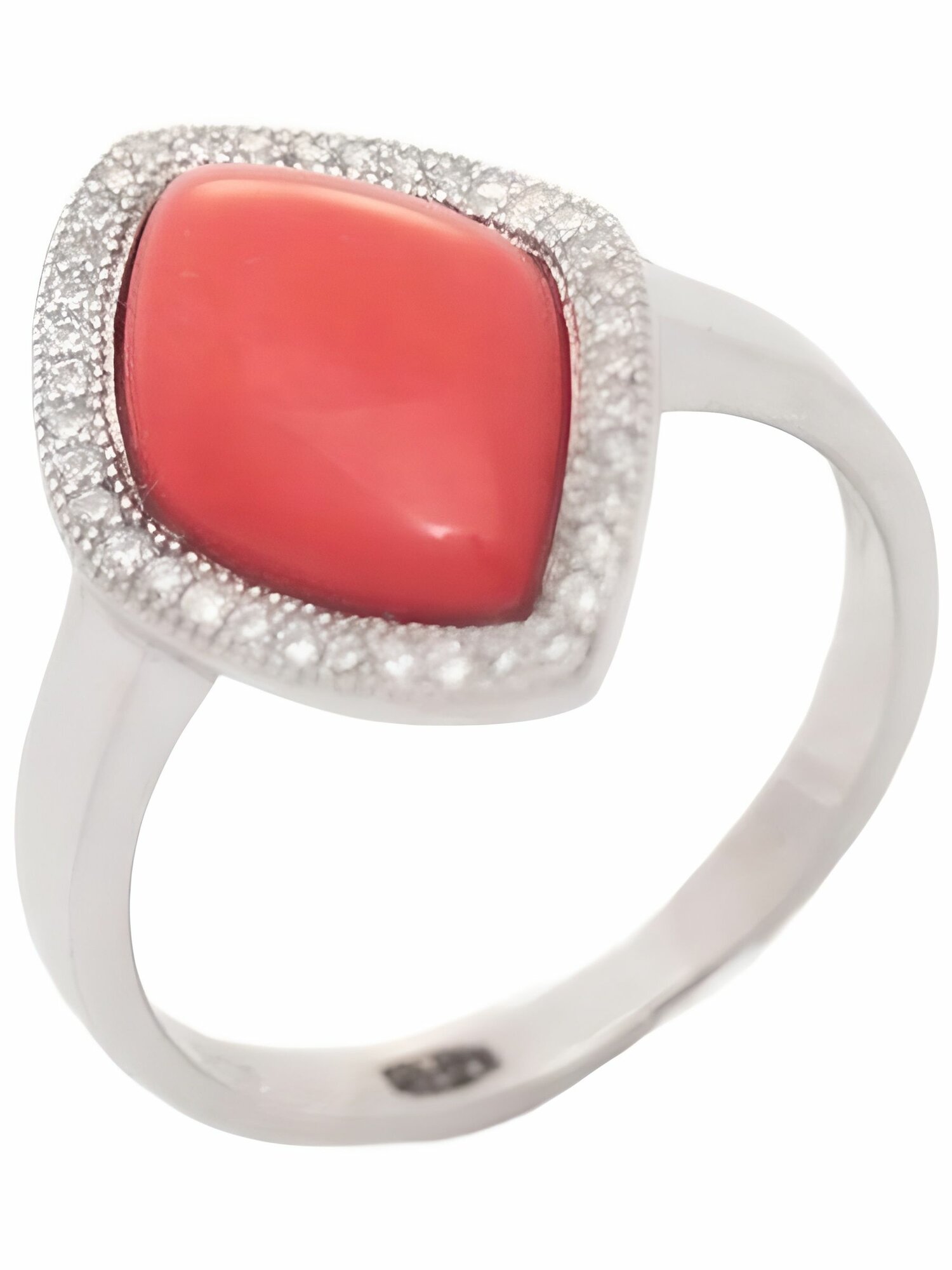 Кольцо тонкое, серебро, 925 проба, родирование, фианит, коралл