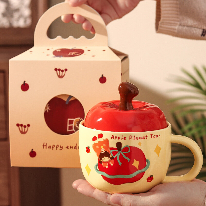 Милая бутылка для воды в форме яблока для девочек, высококачественная керамическая кружка с крышкой, идеально подходит в качестве подарка на день рождения или подарочной коробки для лучших подруг.