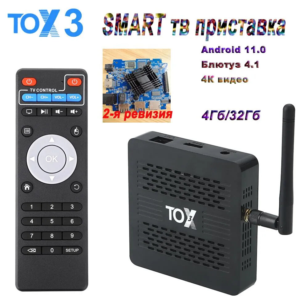 ТВ-приставка TOX3, 4+32ГБ, Android 11.0, черный, комплектация на выбор, 4GB 32GB