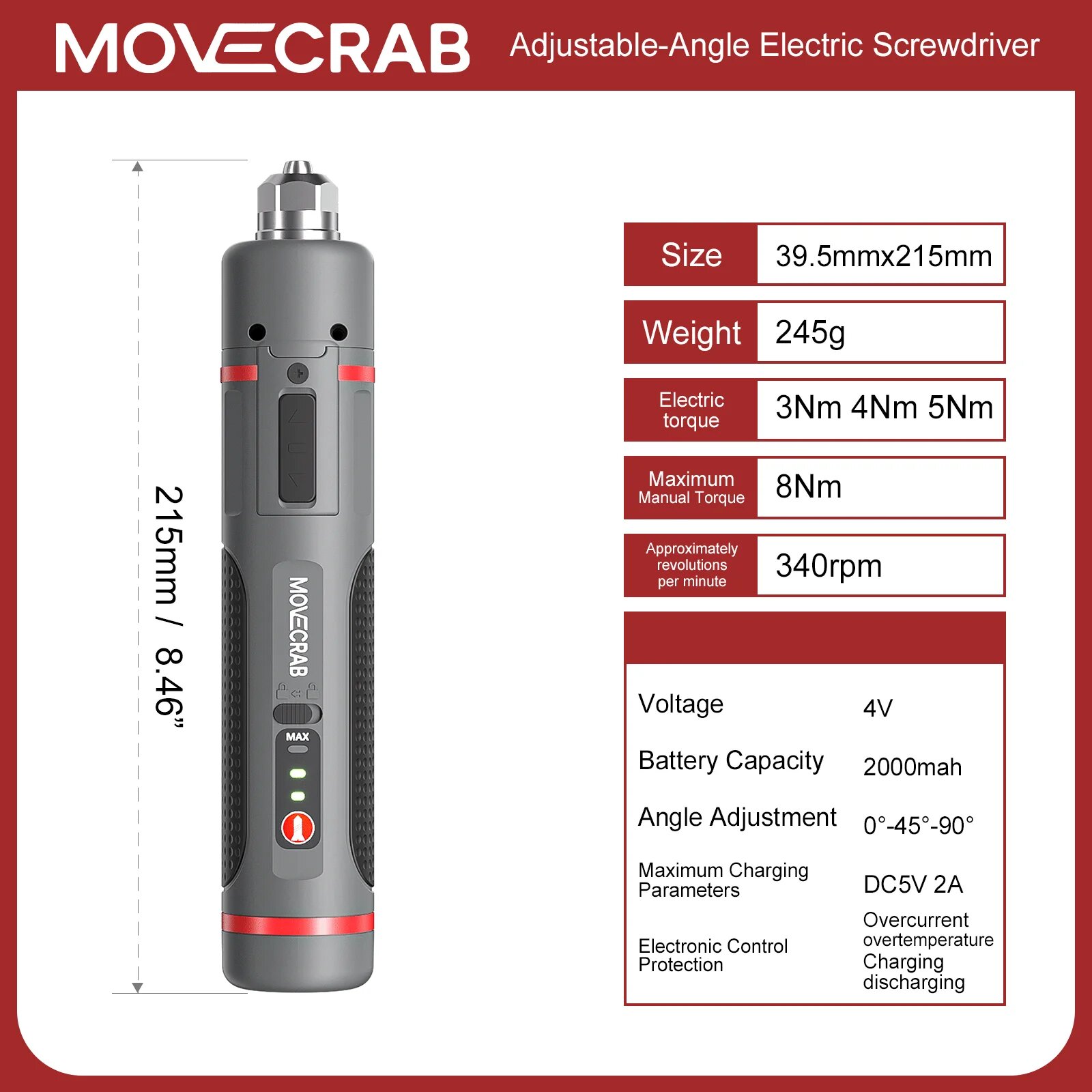 MOVECRAB Электрическая отвертка, 2000mAh, 3-5Nm, 0-45-90°