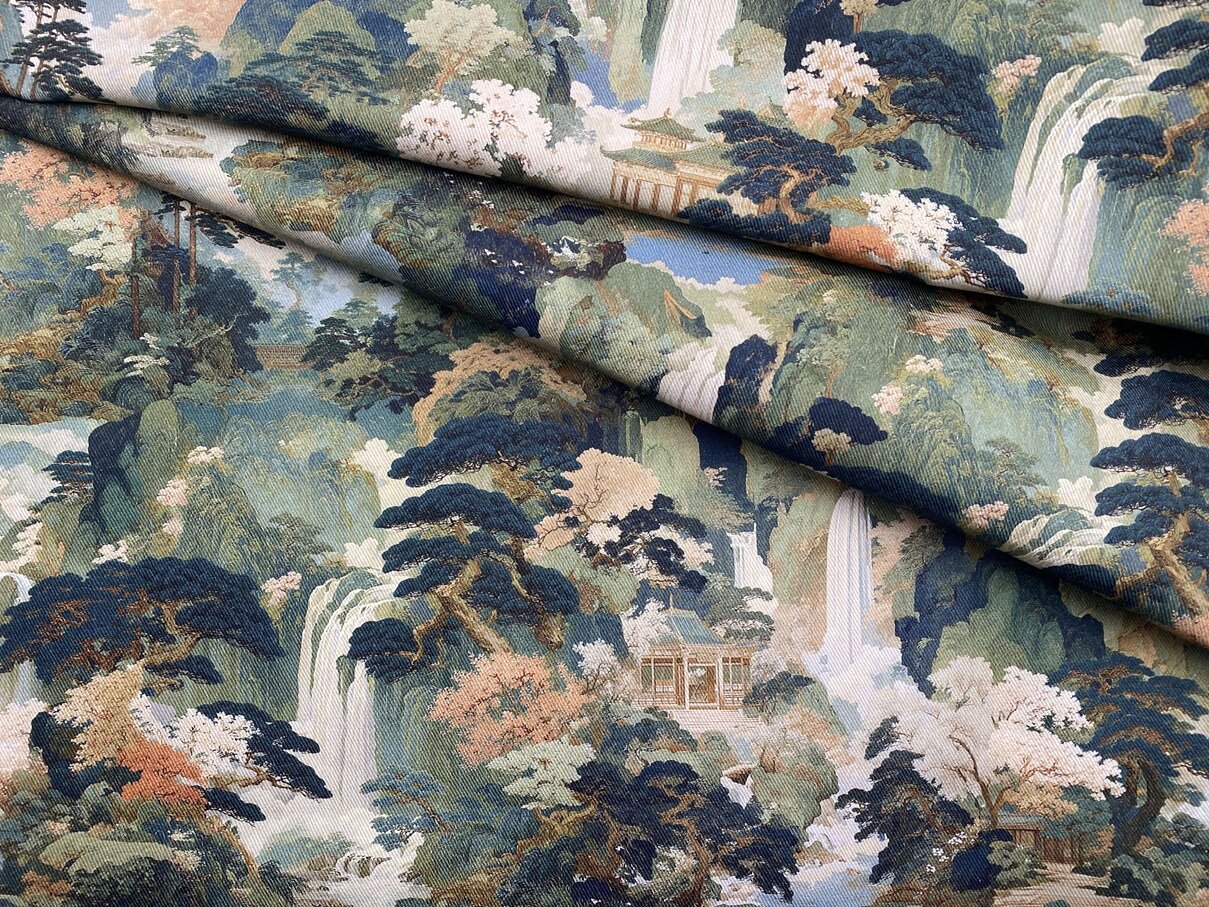 Ткань Джинса бежевого цвета с принтом китайская гравюра 12699