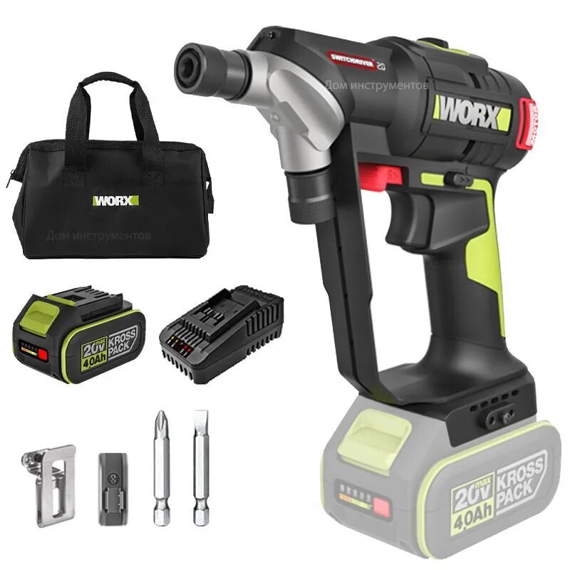 Шуруповерт аккумуляторный WORX Switchdriver 2.0, От аккумулятора, 20 В, 50 Hм, 1700 об/мин, Конвертируемая двойная цанга, 1 АКБ, 4.0 Ач