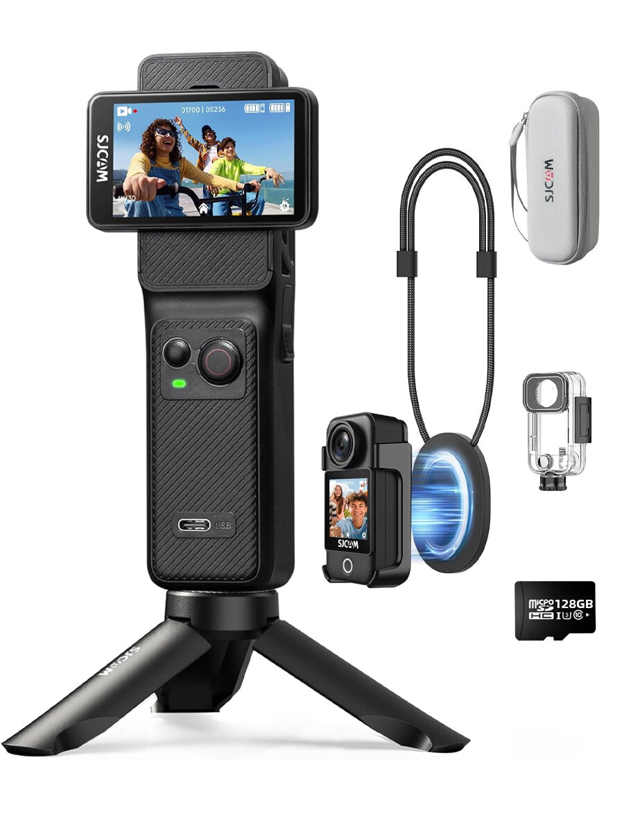 Экстремальная камера SJCAM C400, 4K, с поворотным экраном, с батареей, для спорта, Анти-дрожание, TF-карта 128 ГБ