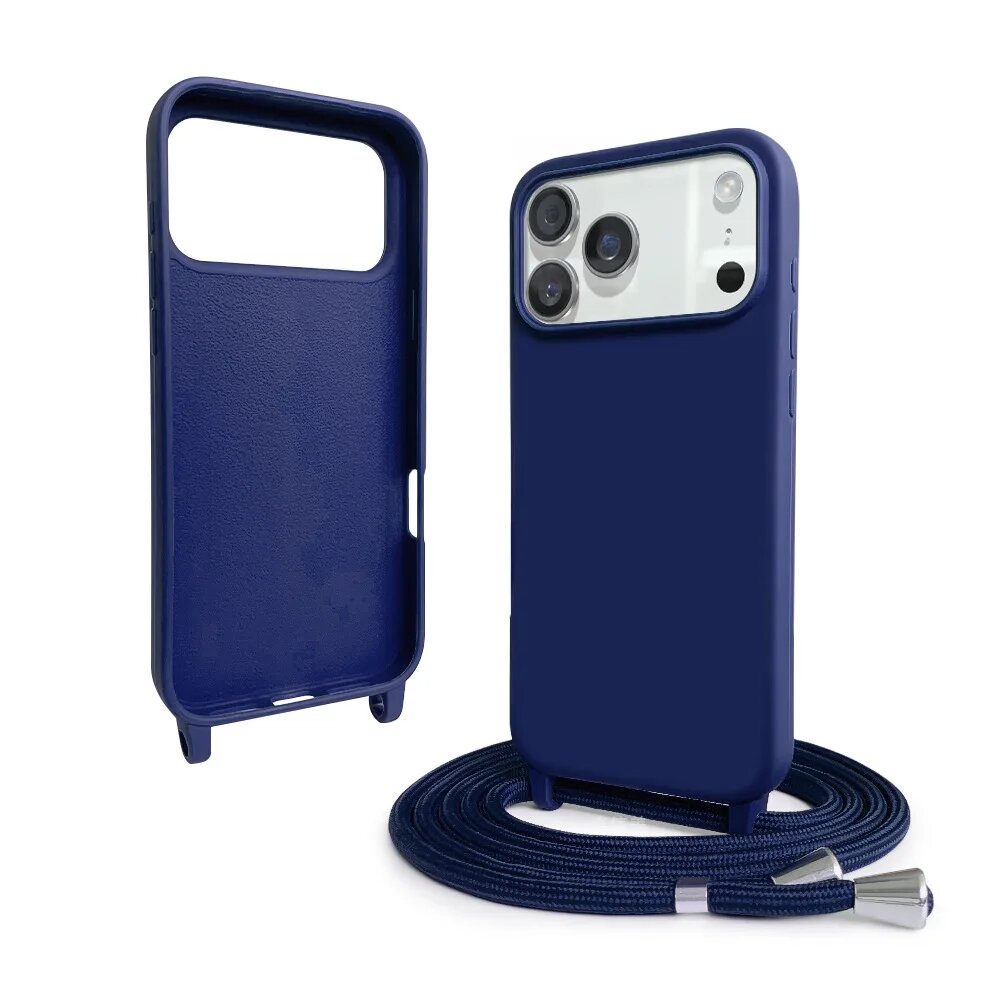 Силиконовый чехол с ремешком через плечо для iPhone 17 Air 16 16E айфон 14, Темно-синий, Dark Blue