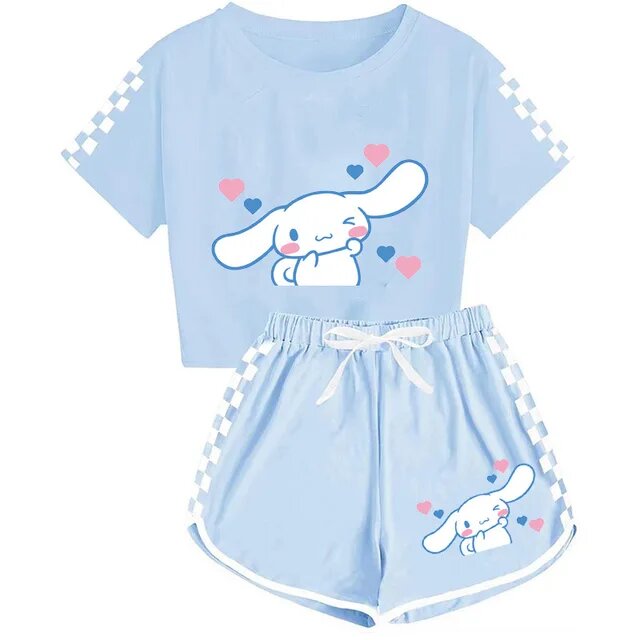 Комплект футболок и шорт с героями мультфильмов Sanrio для девочек, мягкая пижама с короткими рукавами Cinnamoroll Kuromi, летняя спортивная одежда, подарок для дома