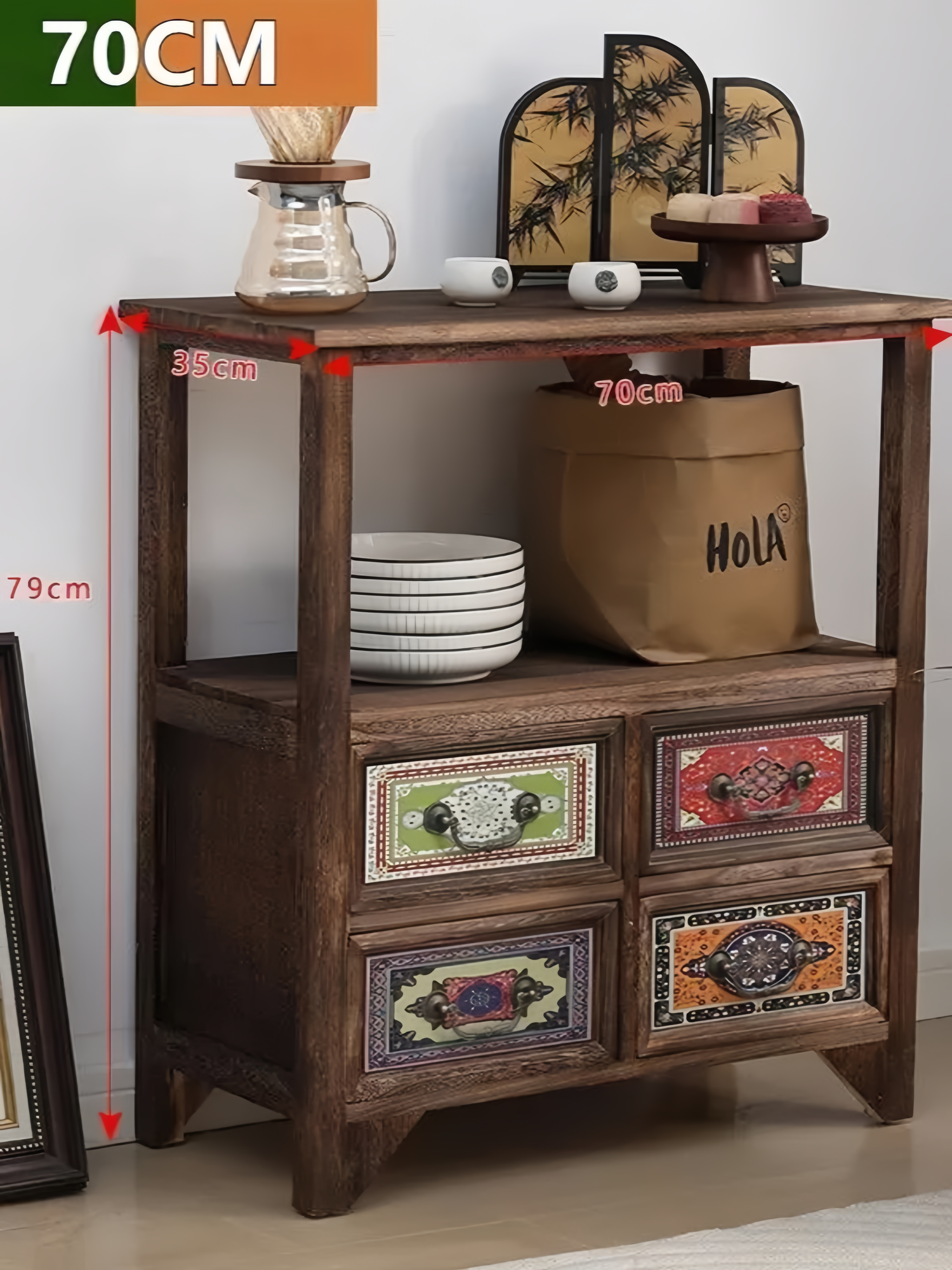 Комод, из массива дерева, 79х70х35 см, 4 выдвижных ящика, коричневый