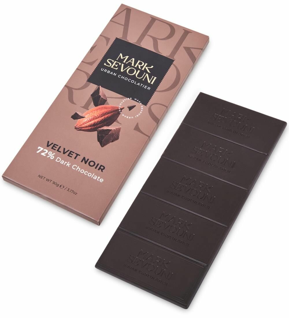 Плитка из 72% горького шоколада 90гр (Mark Sevouni) A2189632 Mark Sevouni, Какао тёртое, сахар, какао-порошок, какао масло, эмульгатор: лецитин соевый, ароматизатор: ванилин. Содержание общего сухого ост