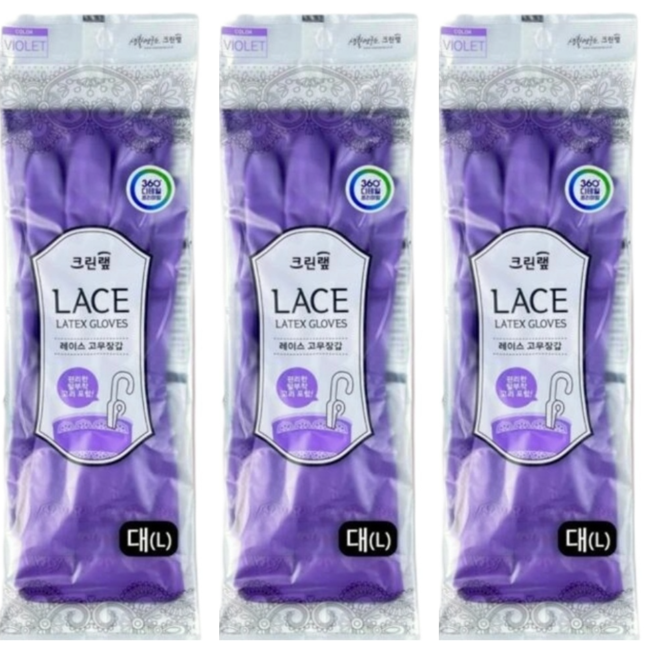 Перчатки Clean wrap Lace Latex Gloves, укороченные, с крючками для сушки, фиолетовые, размер L, 1 пара, 3 уп