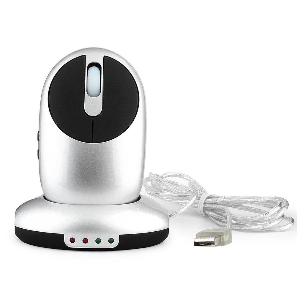 2.4G беспроводная заряжаемая мышь с 3-ступенчатым регулированием DPI 800-1200-1600, оптическая, с док-станцией для зарядки и 3 портами USB Hub, серебристый цвет, 2 батарейки AAA 500mAh, размер 10*5.8*2.6cm, размер док-станции 8.5*6.5*4.6cm, вес 111g