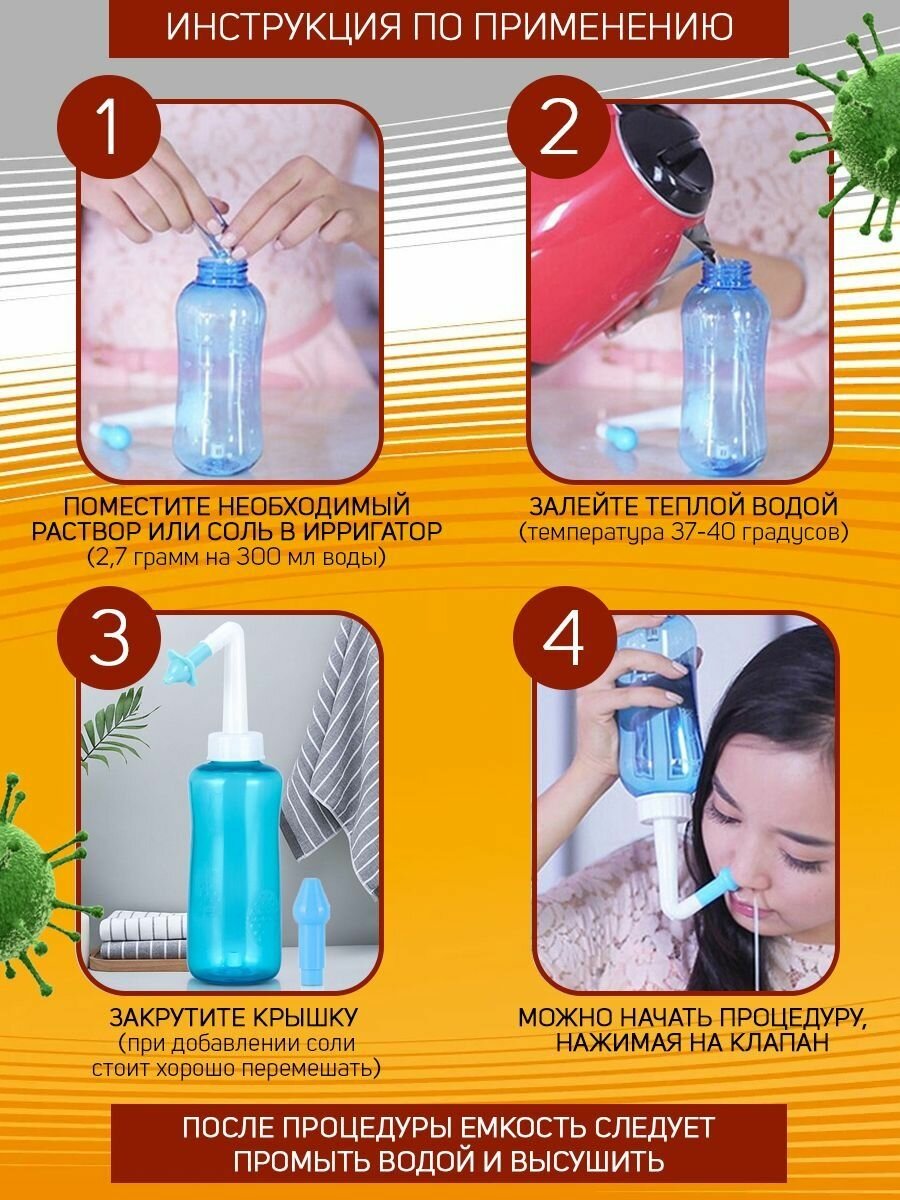 Устройство ирригатор с 2 насадками для промывания полости носа для малышей, детей и взрослых-.