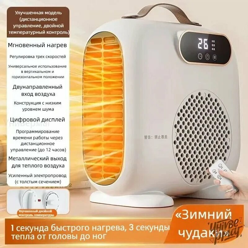 Тепловентилятор: Бытовой обогреватель с дистанционным пультом для быстрого обогрева дома, 3 режима работы, защита от перегрева, бесшумный