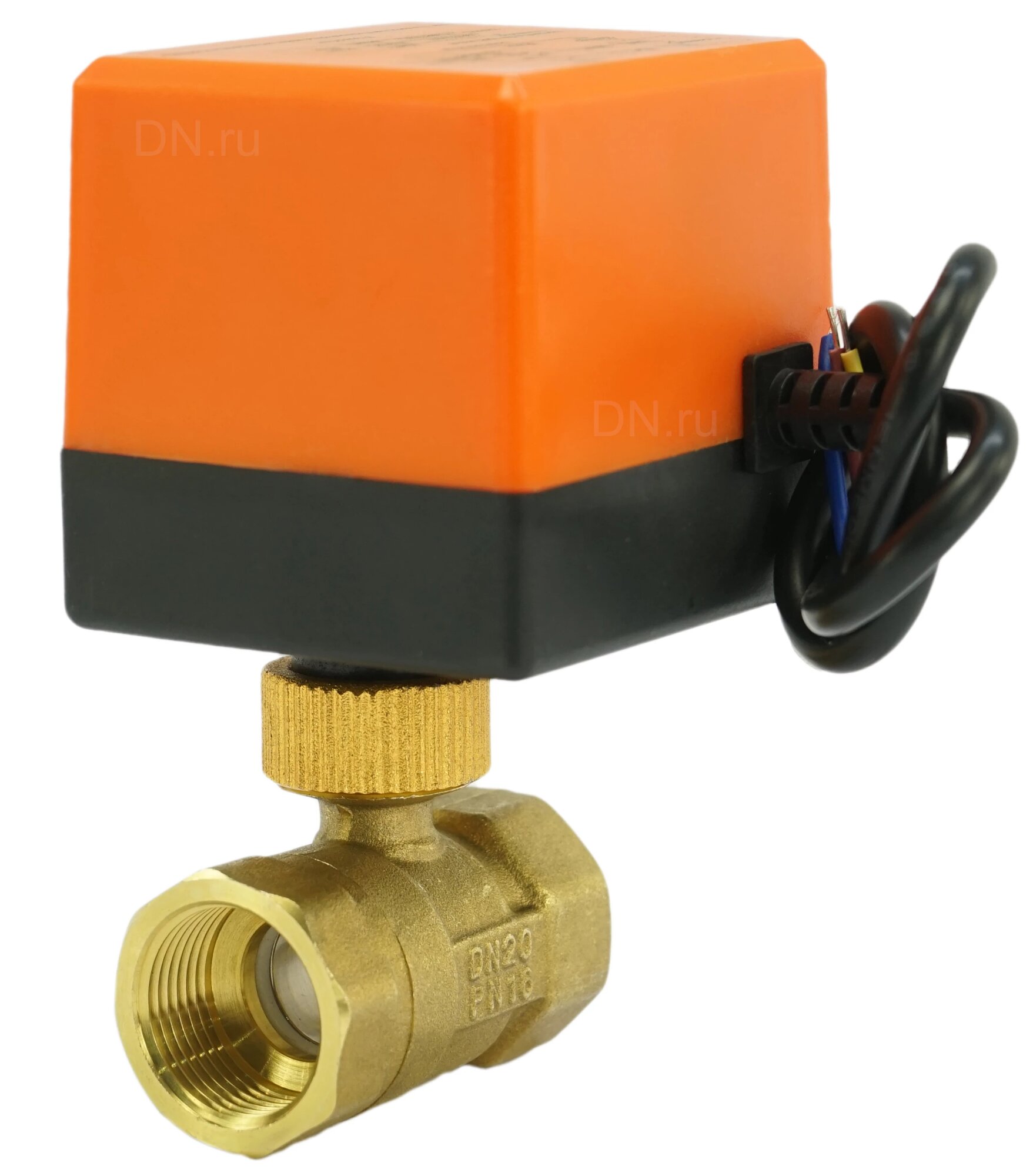 Кран шаровой DN.ru RP. BRASS.120. MM.020 3/4" Ду20 Ру16 стандартнопроходной двухходовой, латунь, внутренняя резьба, уплотнение - нитриловый каучук + PTFE, раб. темп. до 120°С, с электроприводом 24VDC без концевых выключателей