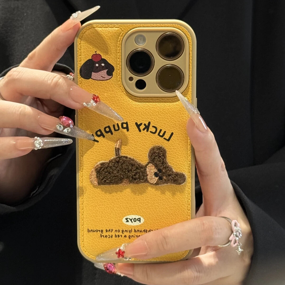 Вышитый шнурок с щенком, совместимый с чехлом для телефона Apple 16/17, iPhone 15 Pro, бампер, воздушная подушка, 14 Plus, милый